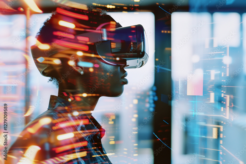 Foto de Stock School girl wearing VR headset goggles using AI ...