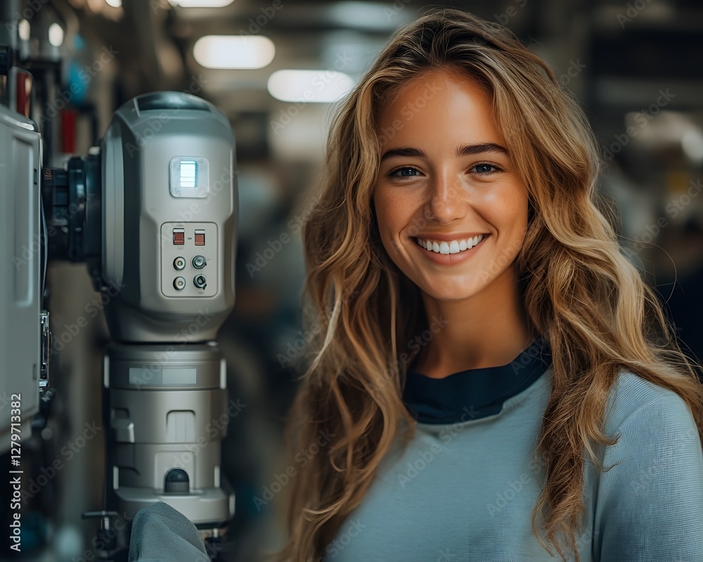 Smiling factory workers with friendly AI robot assistants on the line ...