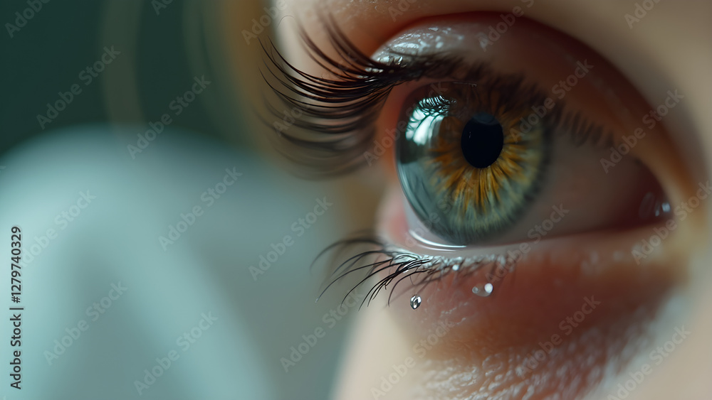 teardrop in an eye. reflection of a hospital bed. close-up photography ...