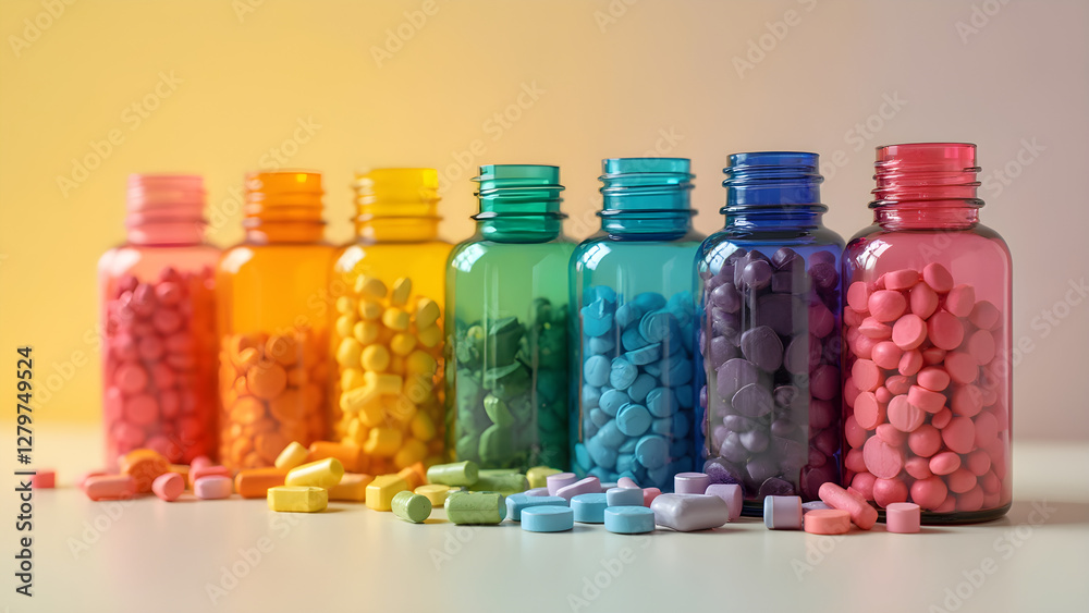 Rainbow colored medication bottles. Vibrant medicine bottles in order ...
