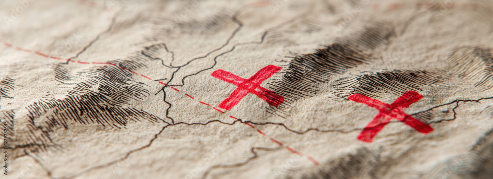 Old treasure map with red X marks indicating locations. Adventure ...
