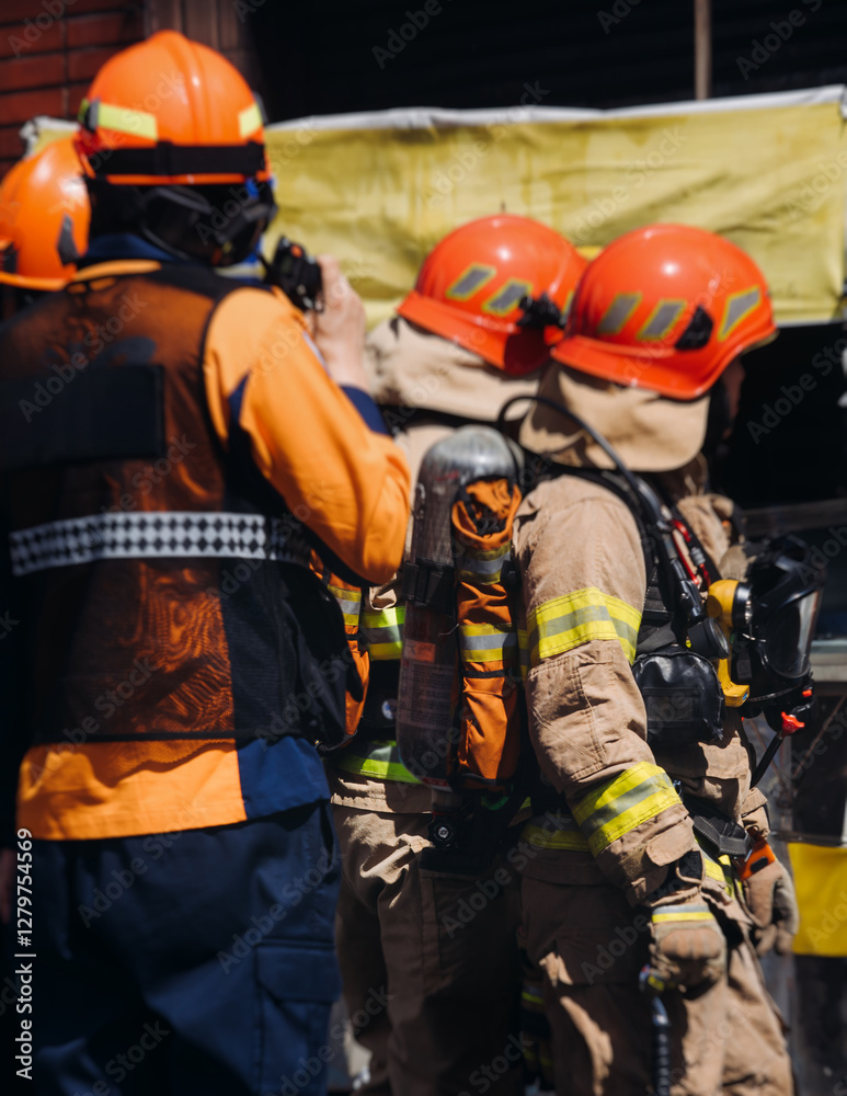 Group of South Korean fire men during fire fighting operation in the ...