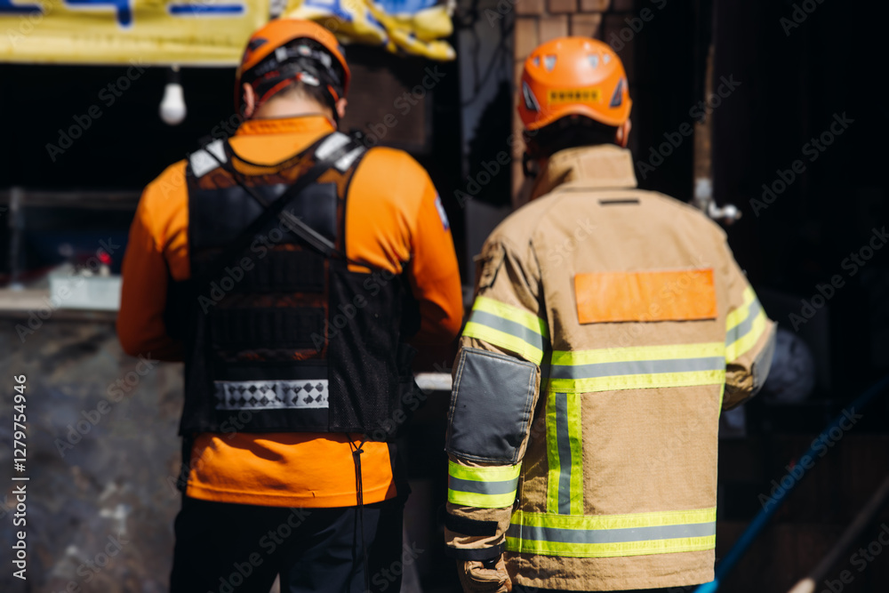 Group of South Korean fire men during fire fighting operation in the ...
