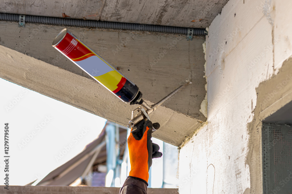 Young adult man hand using spray gun and filling gap with construction ...