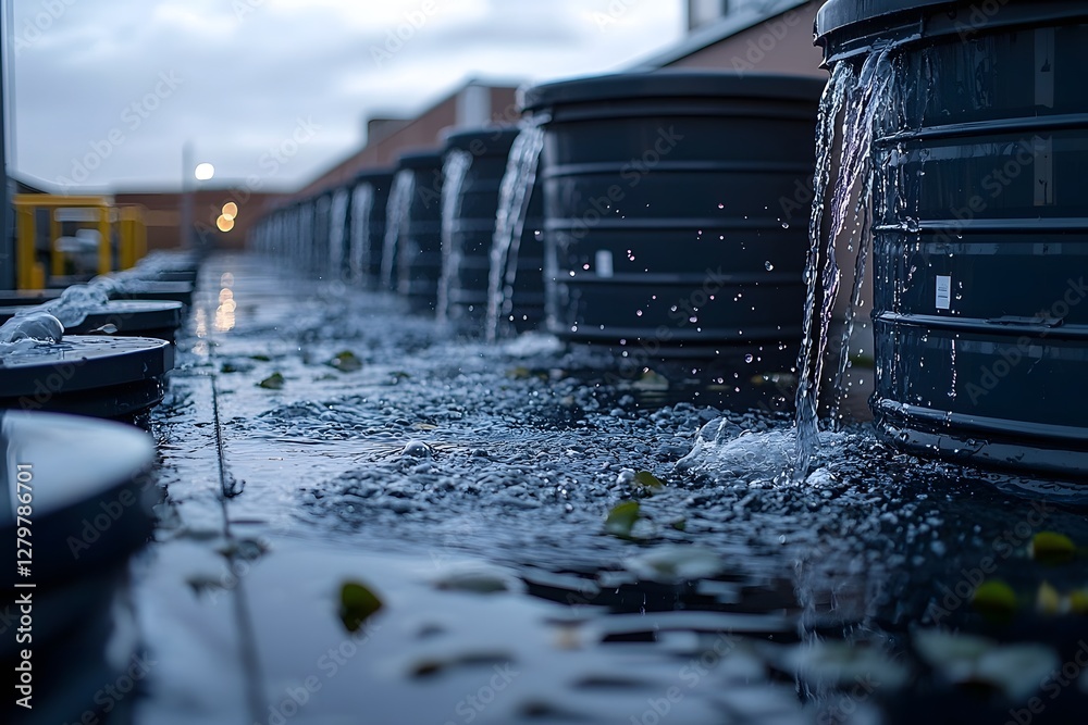 Rainwater Harvesting System on Rooftop with Water Flowing into Storage ...
