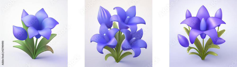 Stylized blue flowers with green leaves are depicted in three ...