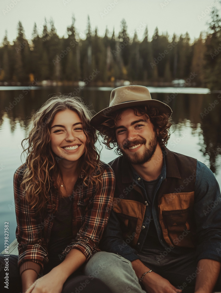 Happy friends sitting dock rustic lake forest outdoor adventure warm ...