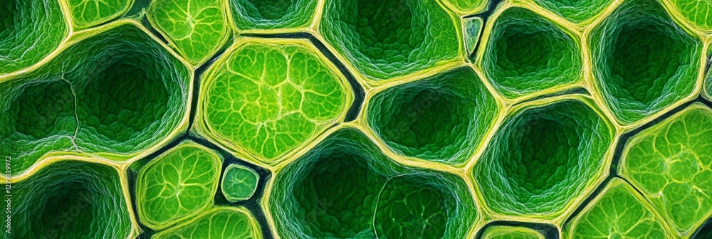 Microscopic view of plant cells showing detailed cellular structure with vibrant green ...