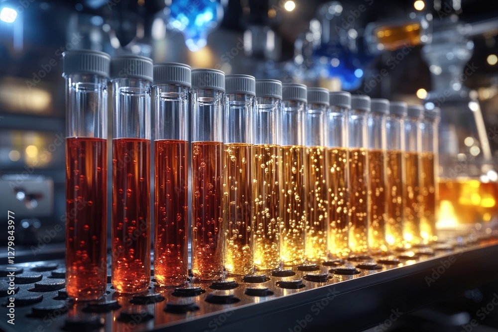 Chemistry lab equipment: flasks, test tubes, chemical solutions, liquid ...