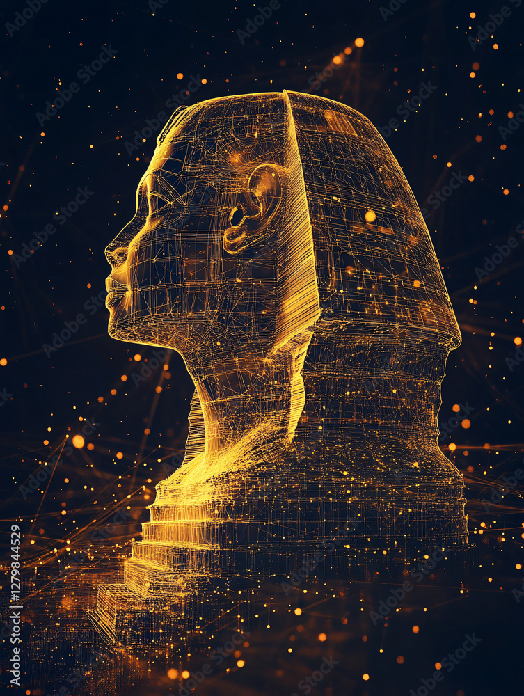 Sphinx Giza holographic gold wireframe futuristic digital ancient Egypt sci-fi glow AI ...