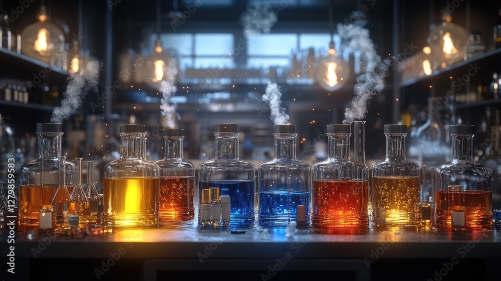 Chemistry lab equipment: flasks, test tubes, chemical solutions, liquid ...