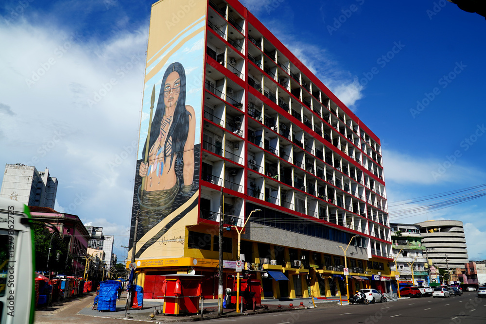 Mural of an indigenous woman on the wall of a high-rise building in the ...