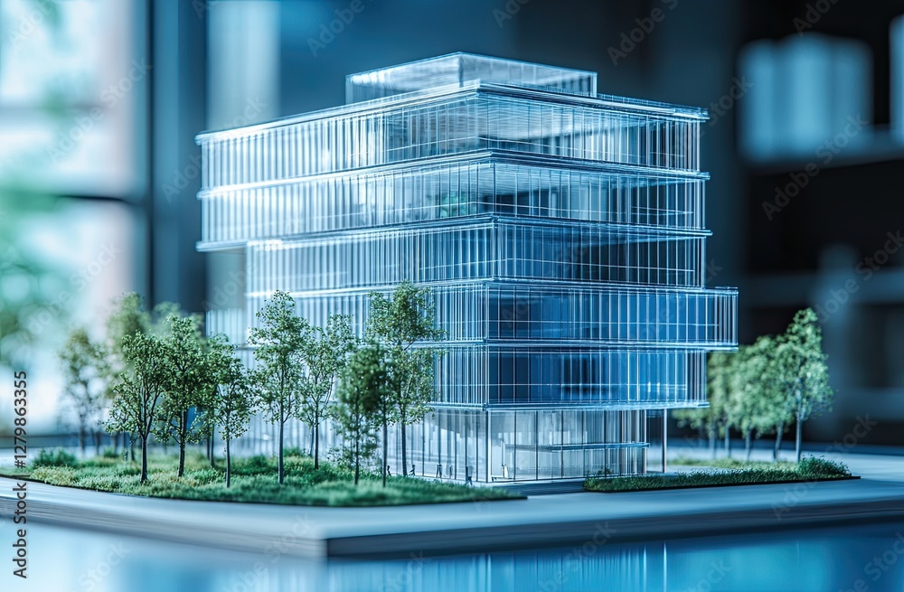 Innovative office prototype with digital wireframe overlay and urban ...