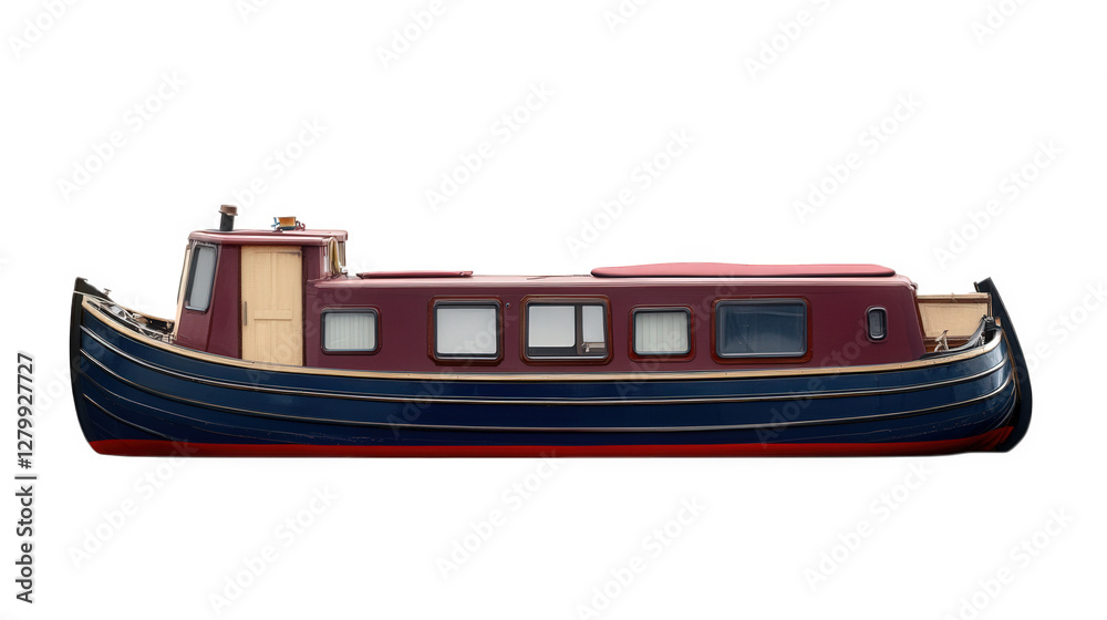 narrowboat. showcasing a traditional design with a burgundy and navy ...