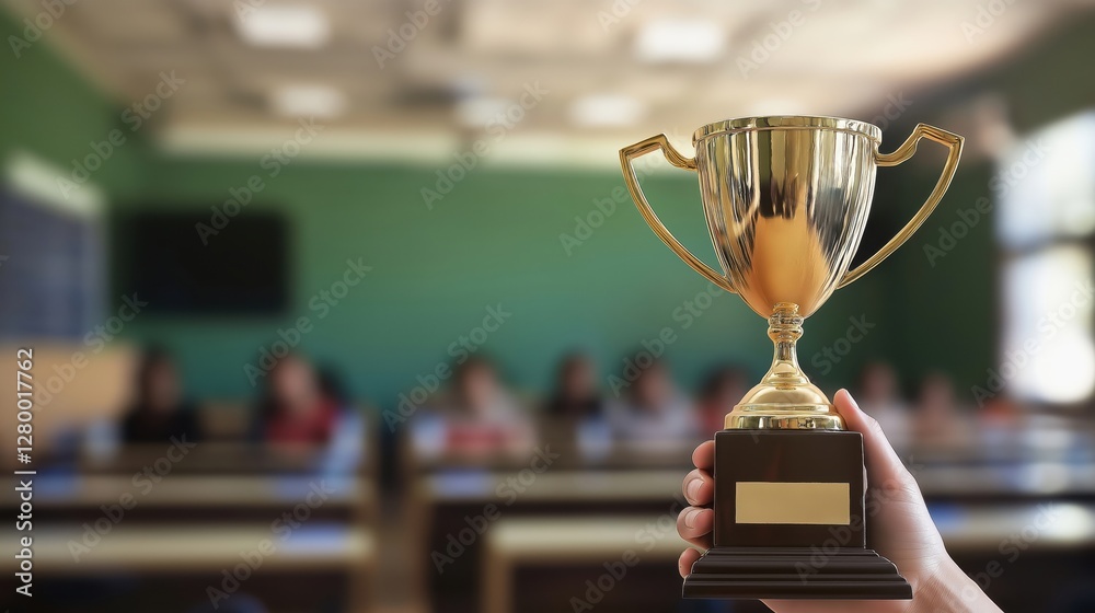 hand holding large award trophy. Background blurred class room. Stock ...