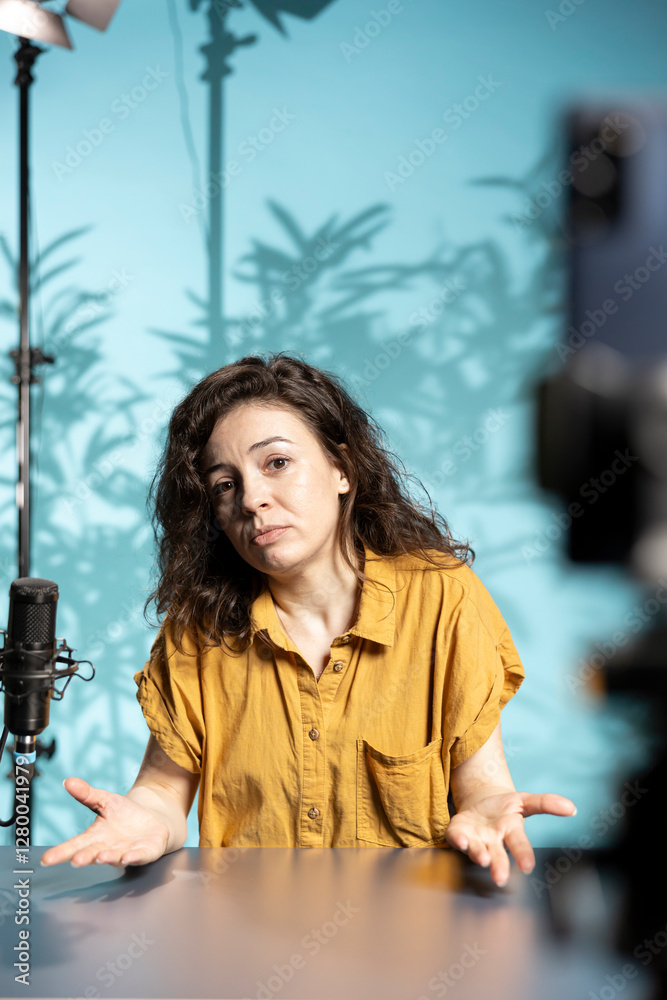 Embarrassed influencer shooting apology video for disappointed ...