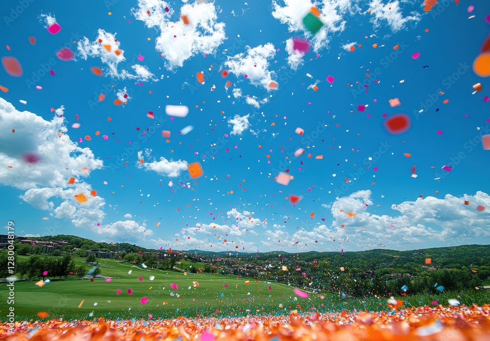 Vibrant Celebration in the Sky: Colorful Confetti Shower on a Scenic ...