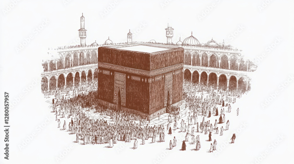"explore detailed kaaba ink drawing with mecca cityscape illustration ...