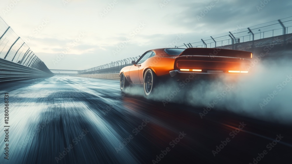 Drag racing car taking off from a stop at a high-tech race track ...