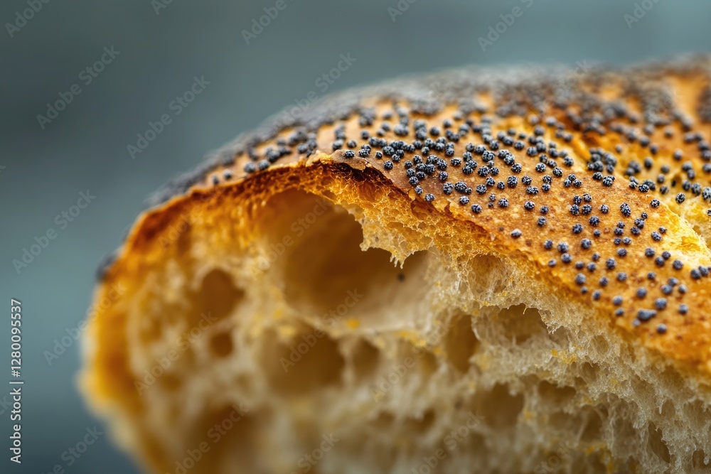 Close-up of a broken poppy seed bread, showing its texture and golden ...