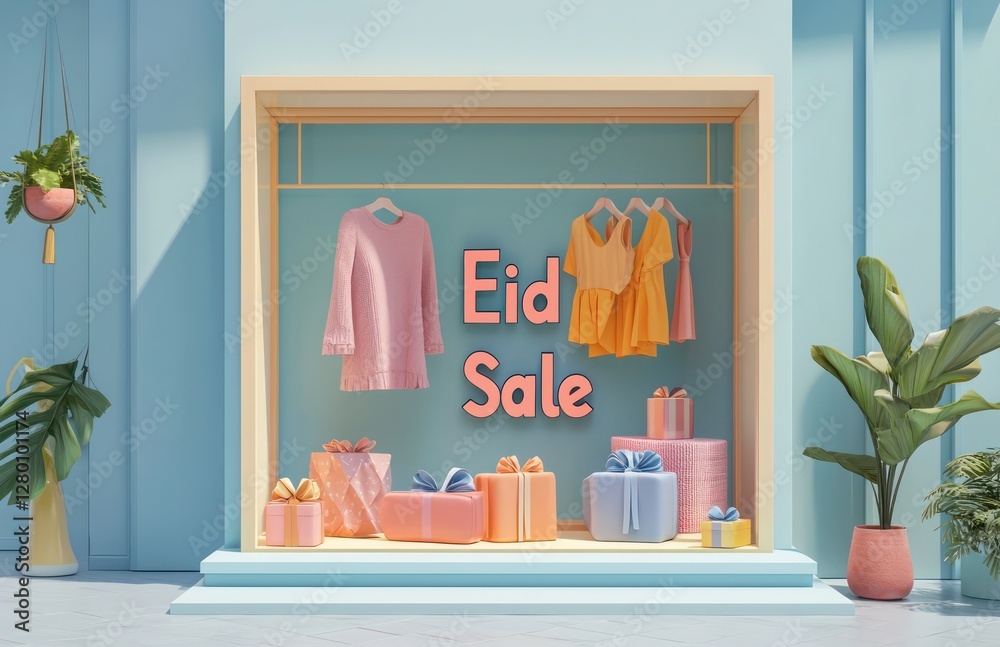 Design a 3D minimalist retail window display for Eid Sale, featuring ...