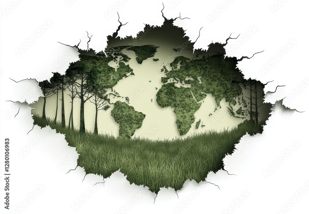 World Map in Torn Paper with Forest Scene Stock Illustration | Adobe Stock
