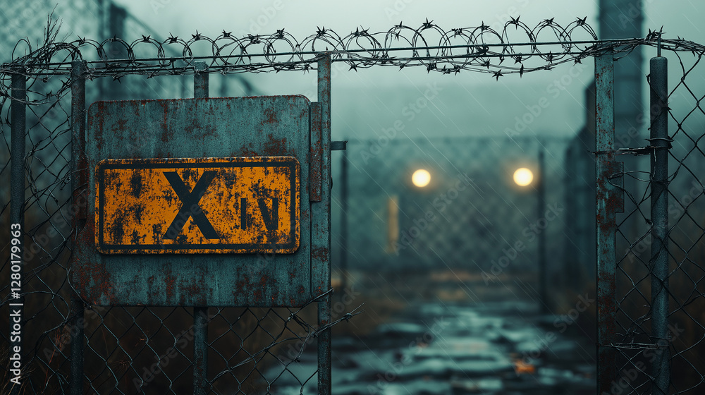 Dramatic security scene, locked gate with bold warning sign, barbed ...