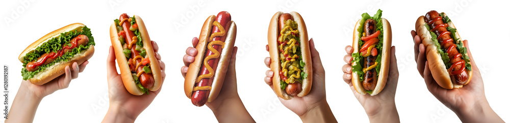 Set of hand holding frankfurter frank hotdog hot dog wiener bun ...
