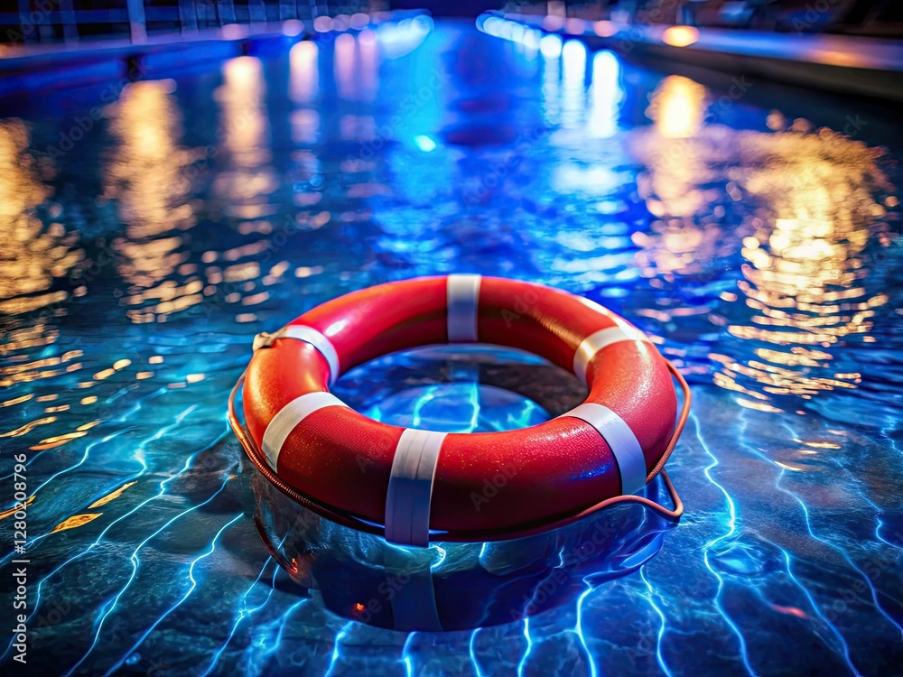 Red Lifebuoys: Pool safety at night. Prevent drowning, learn to swim ...