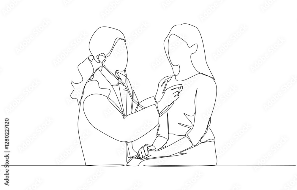Continuous one line drawing of female doctor using stethoscope to check ...