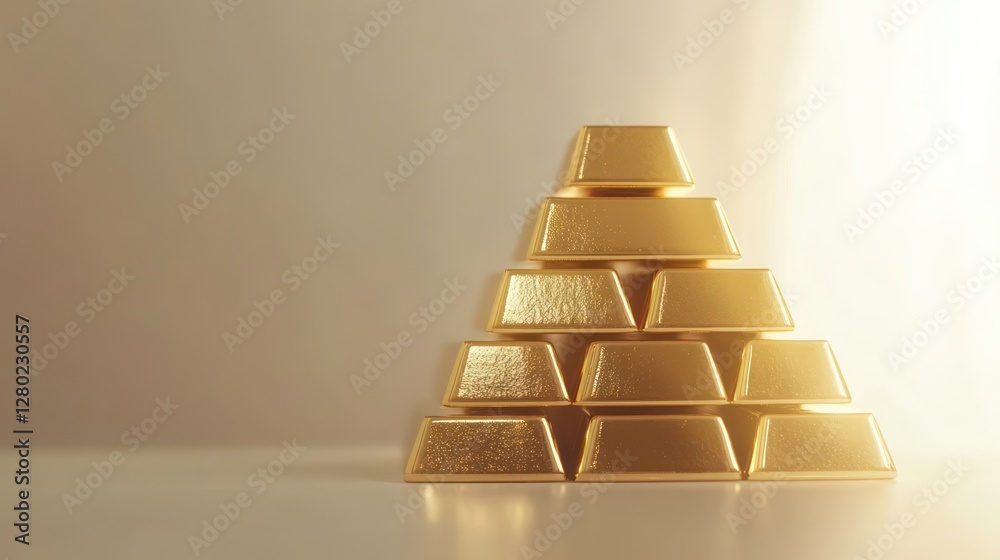 Gold bars stacked in a pyramid shape on a solid white background. Gold ...