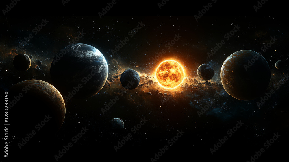 Solar system planets orbiting glowing central star in deep space with ...