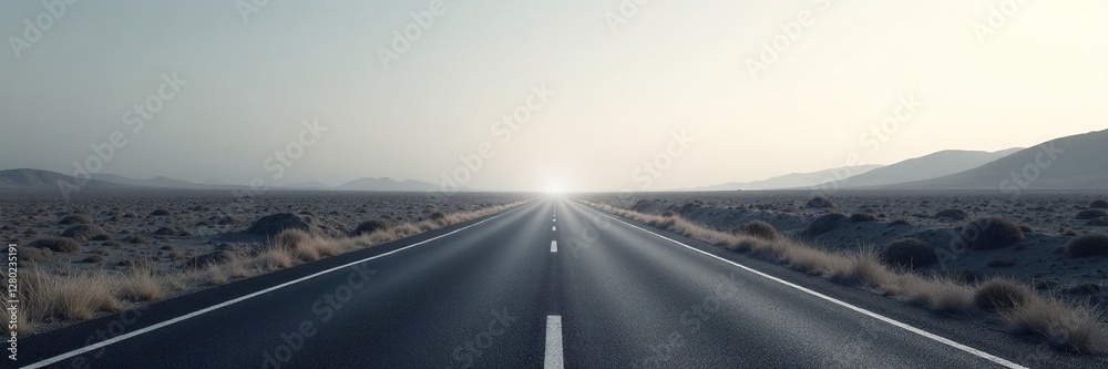 Empty asphalt road stretches into the horizon in a monotone landscape ...