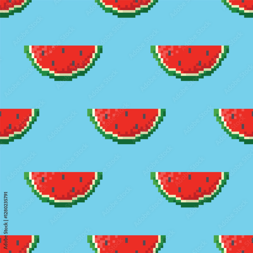 8 bit seamless pattern with watermelon slices. Background in vintage ...