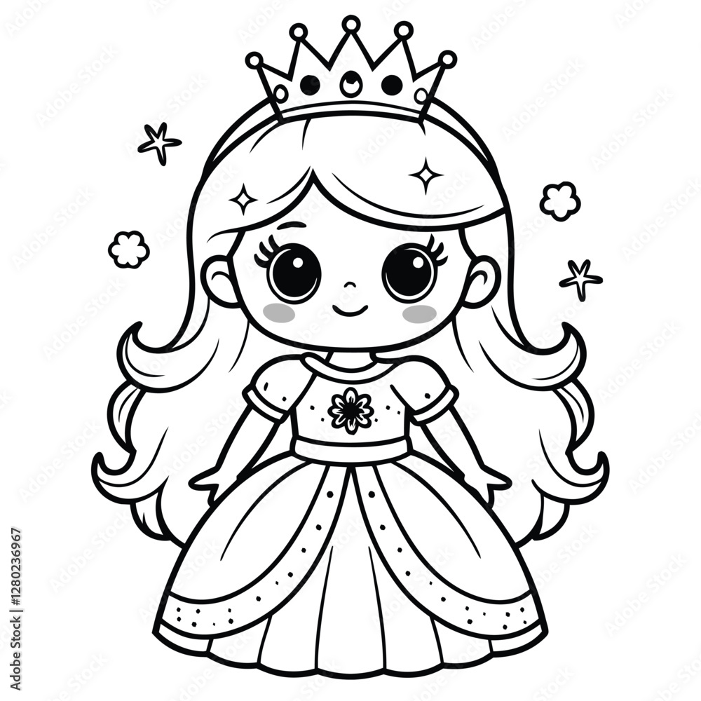 Cute Princess Coloring Page Design outline vector illustration for kids ...