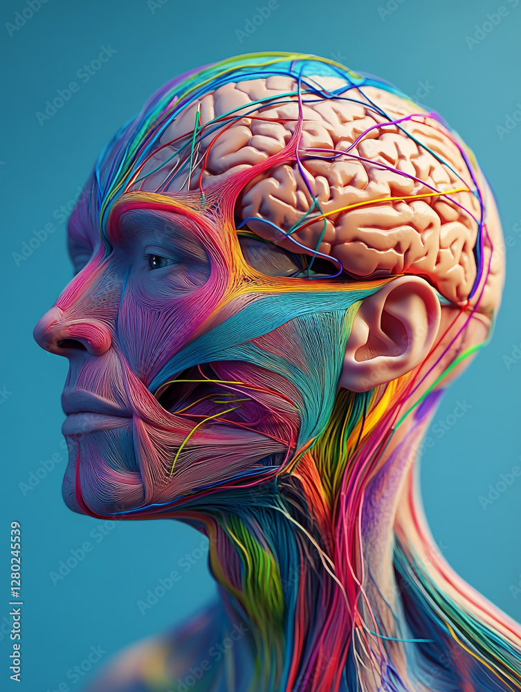 Anatomical illustration of the human head, showing all muscles and ...