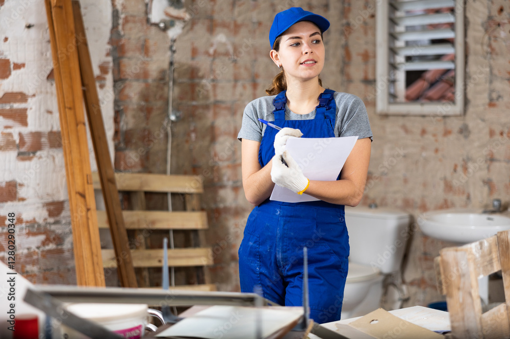 Confident young female designer in blue overalls and cap planning ...