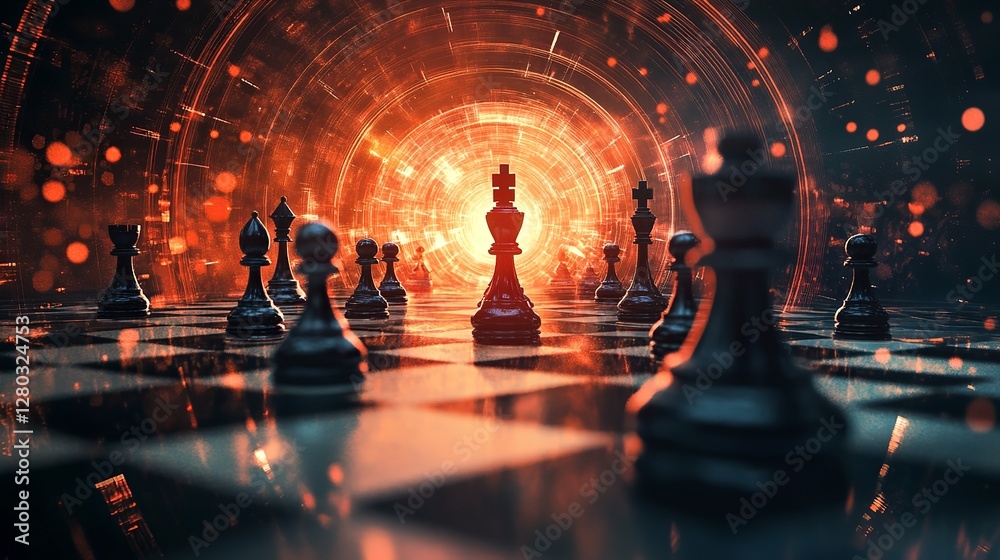 Chess pieces on a board seemingly float into the distance while circles ...