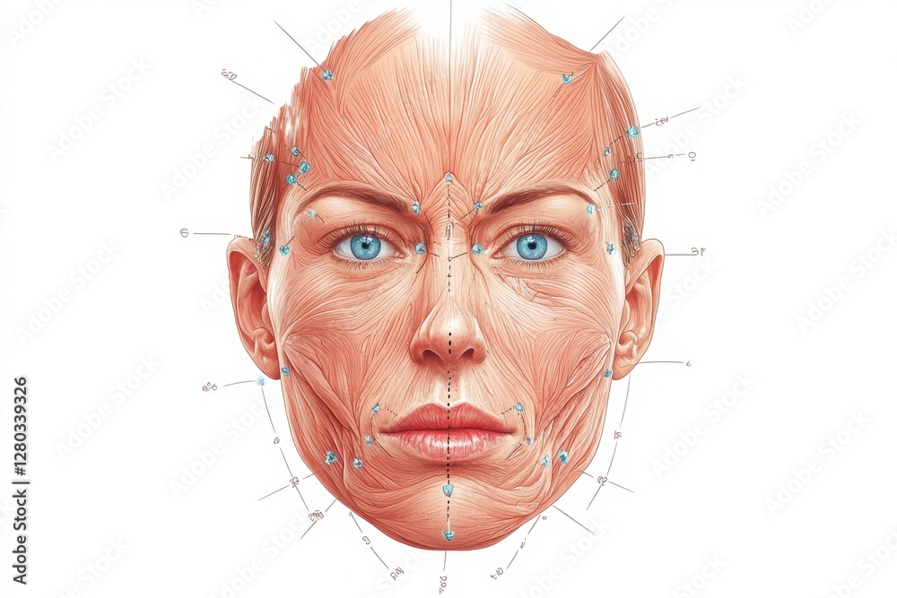 Detailed medical illustration of female facial anatomy with marked ...