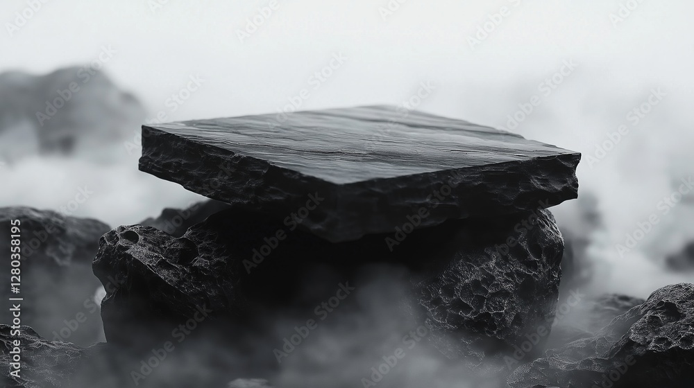 Black and white photograph of a stack of rocks. the rocks are of ...