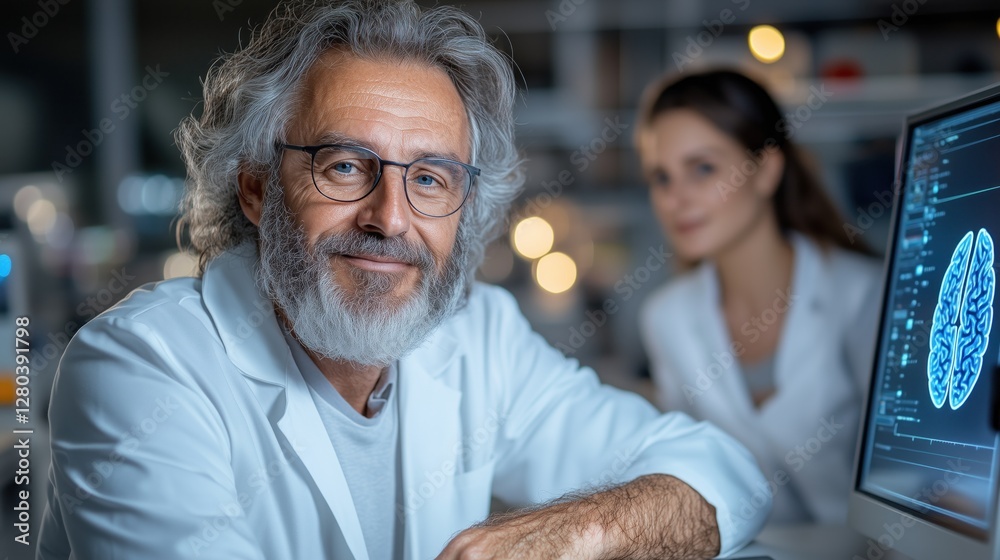 Two scientists in a sleek lab environment focus on advanced brain ...