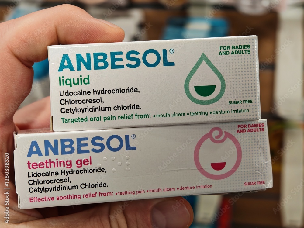 London,UK-March 5 2025:ANBESOL LIQUID provides rapid relief from mouth ...