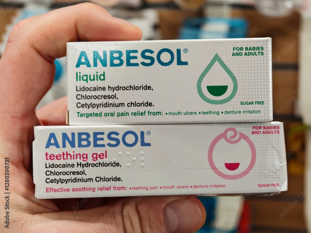 London,UK-March 5 2025:ANBESOL LIQUID provides rapid relief from mouth ...
