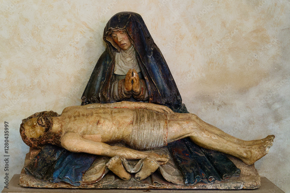 FRANCE, 2025-02-14. Old Statue (15th century) of The Pieta. Blessed ...