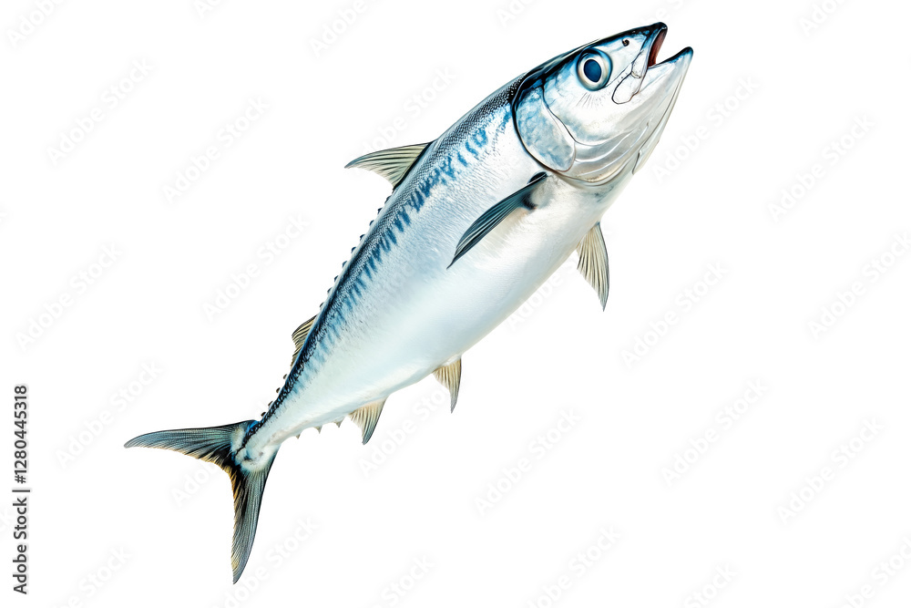 Fresh mackerel fish with detailed scales and fins isolated on white ...