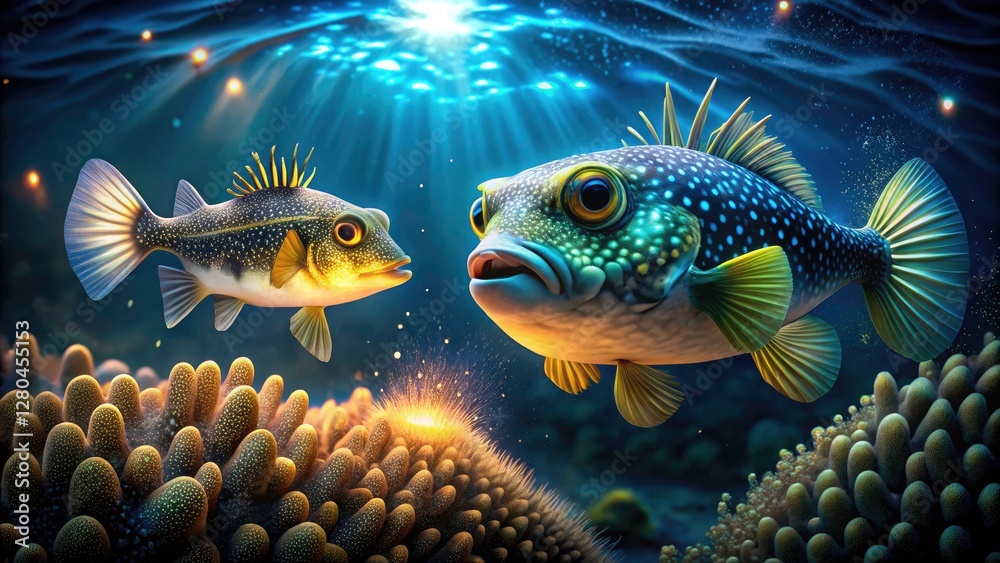 Night ocean glows with bioluminescent life; pufferfish and other deep ...