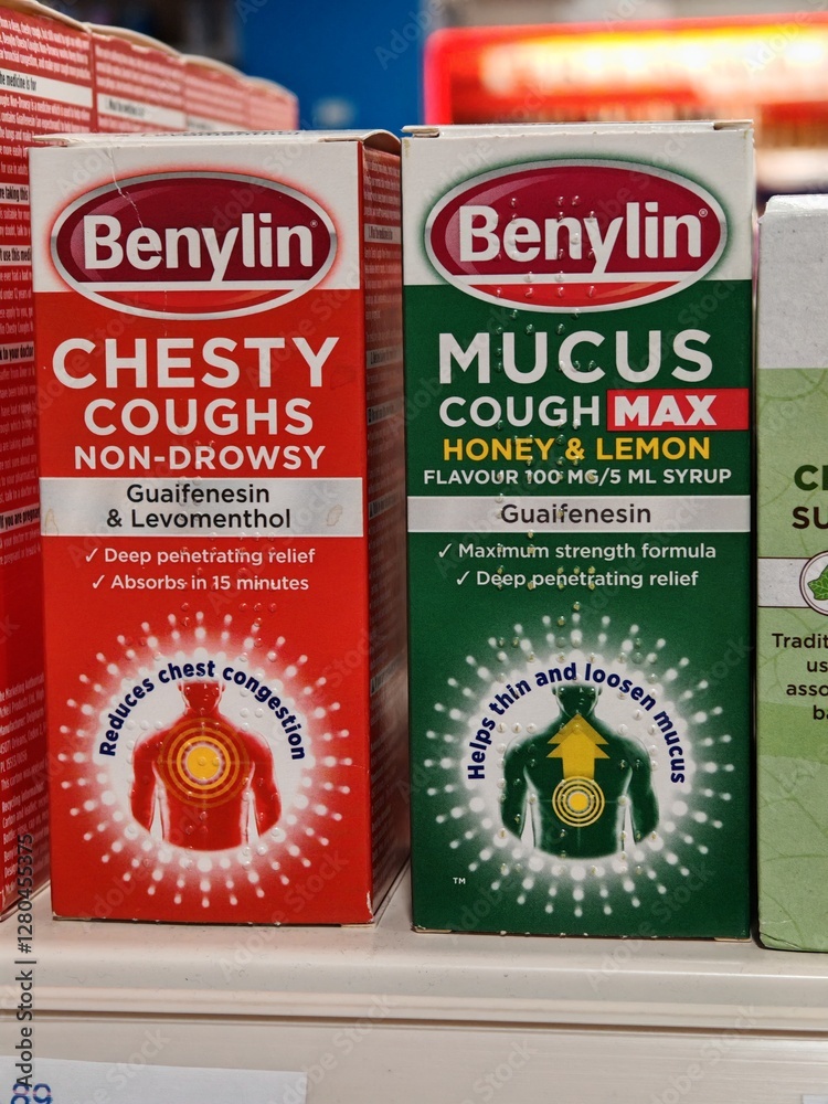 London,UK-March 5 2025:BENYLIN CHESTY COUGHS is a powerful cough syrup ...
