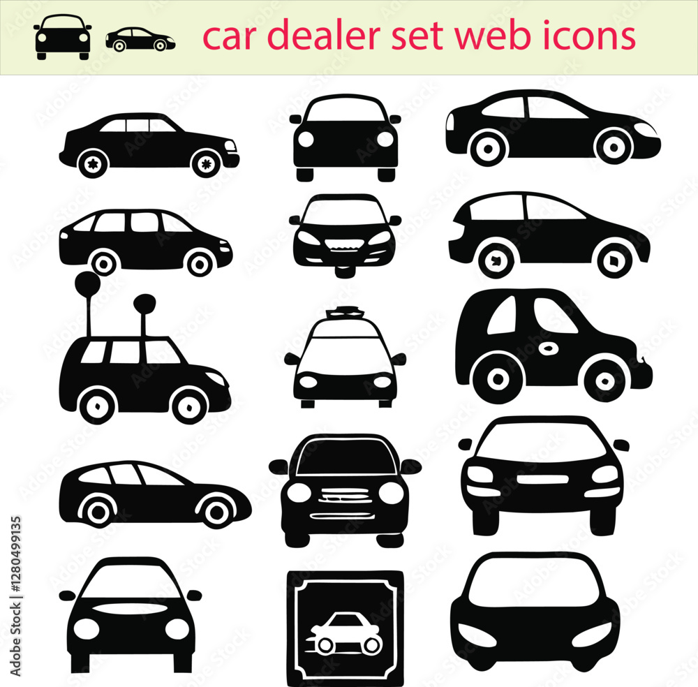 "Car Dealer Set" web icons represent elements related to car sales and ...