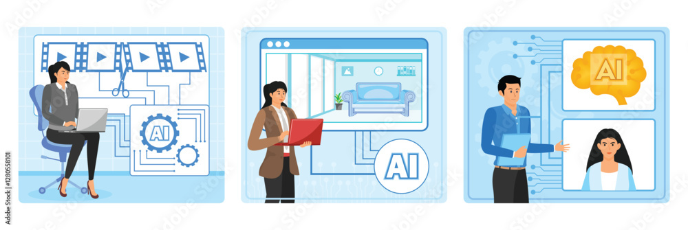 AI Optimized Video Editing concept. AI Backed Interior Design. AI ...