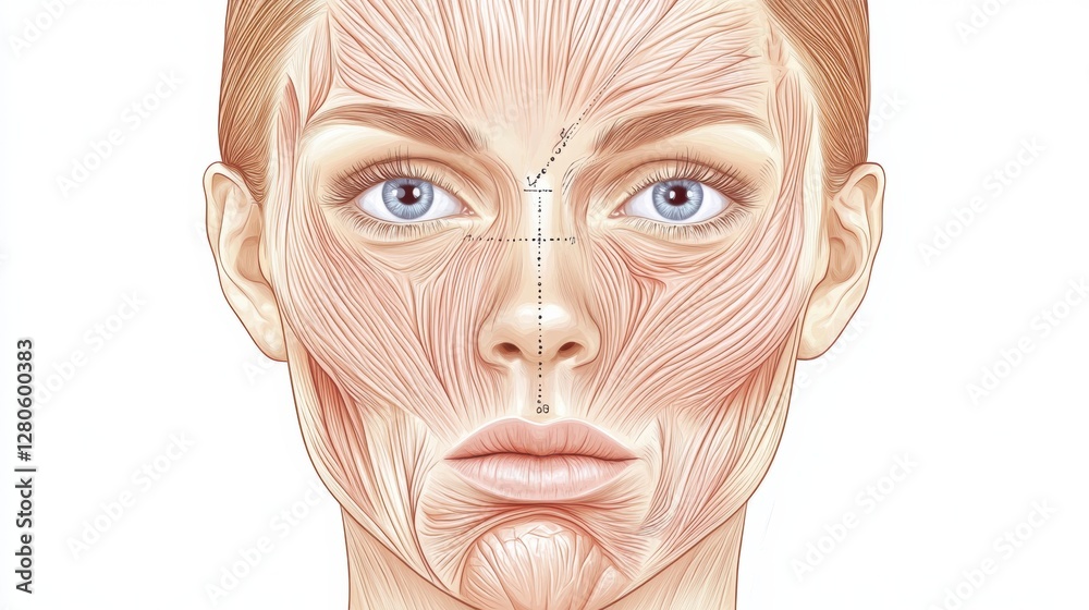 Detailed medical illustration of a female face highlighting Botox ...